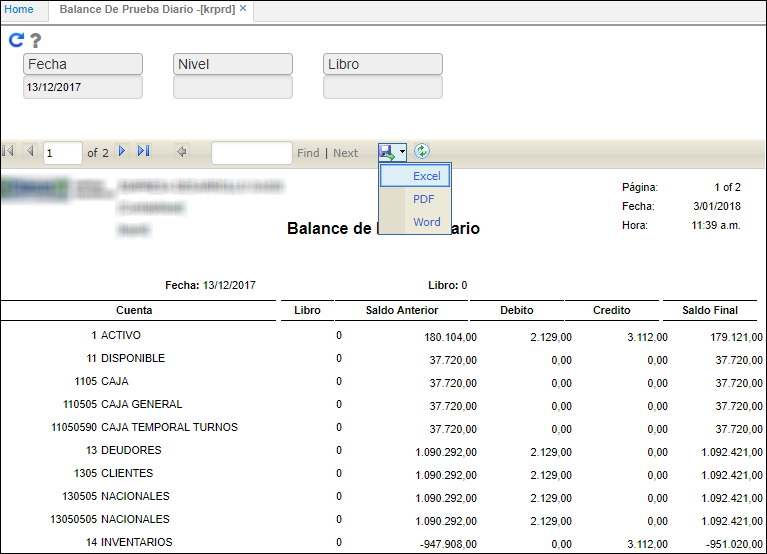 Balance de prueba diario
